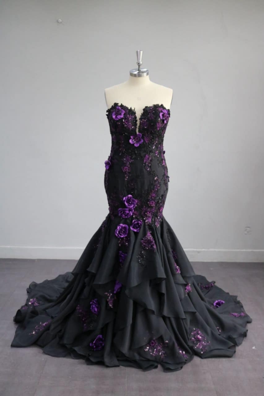 Amethyst Allure Black & Purple Floral Mermaid Wedding Dress by ...